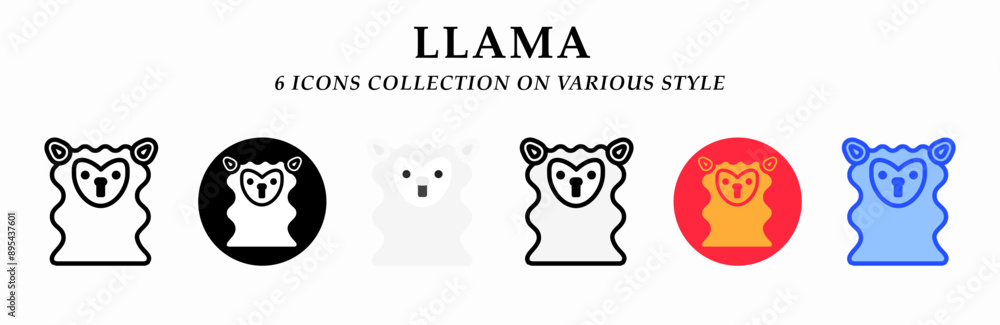 Llama icons collection. 6 Various styles. Lineal, solid black, flat ...