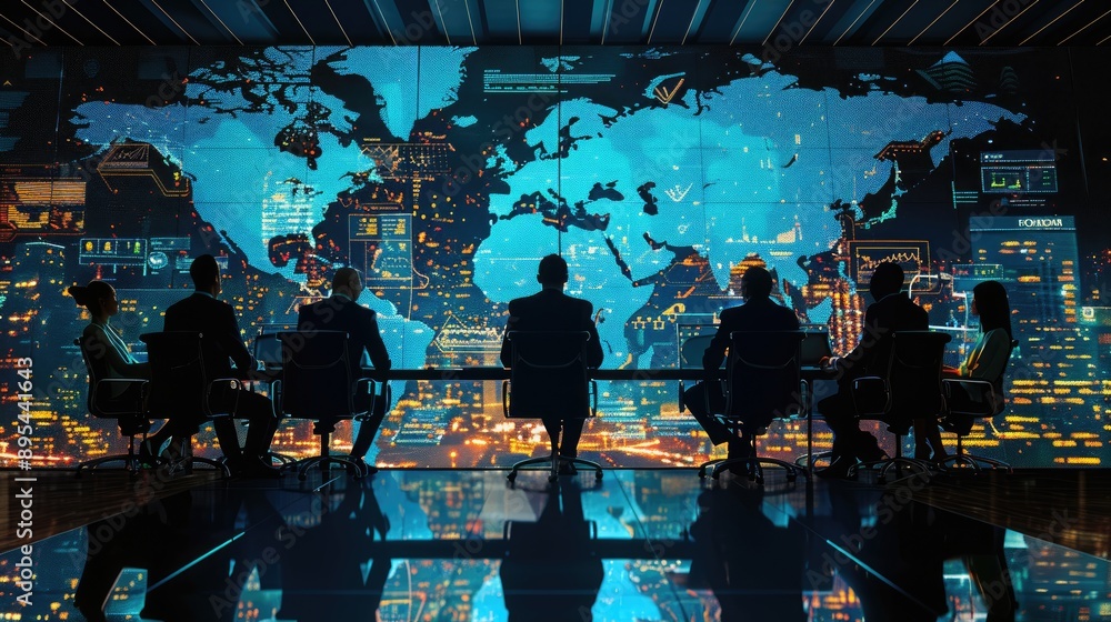 Silhouettes of professionals in a global strategy meeting, with a world ...