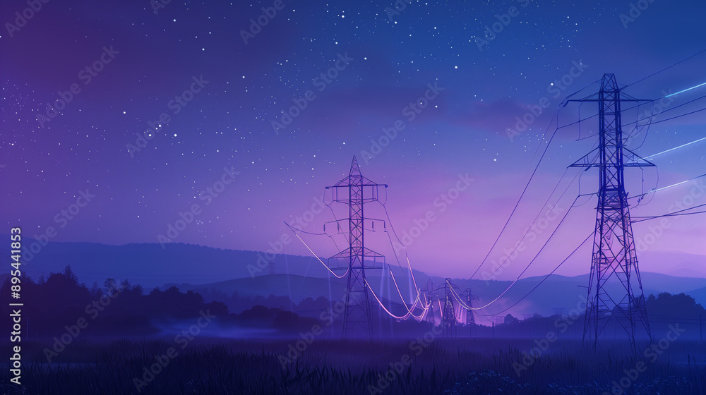 High Voltage Power Lines and Transmission Towers at Night with Starry ...