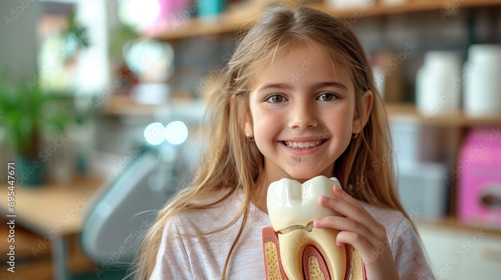 happy child with missing tooth holding a big tooth in section model ...