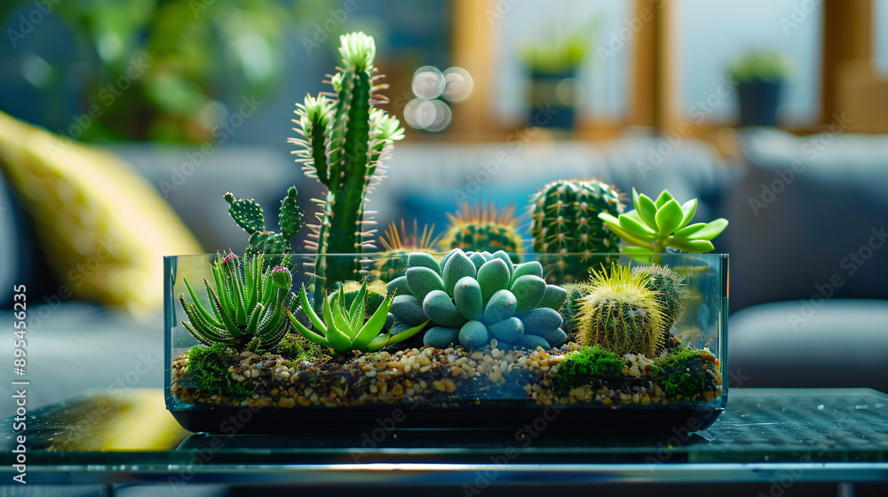 A dynamic terrarium with a variety of cacti and succulents in a ...