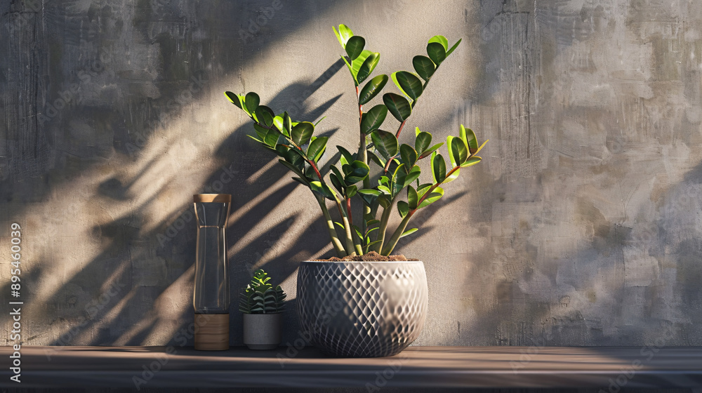A variegated Zamioculcas zamiifolia in a geometric pot, showcased on a ...