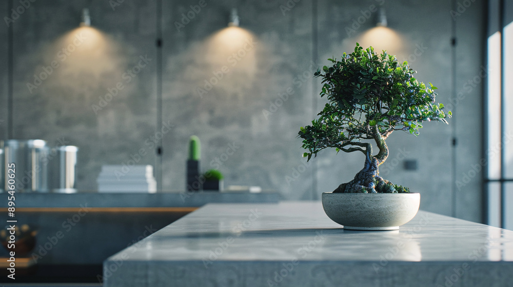 A bonsai tree in a modern concrete pot, situated on a sleek, metal desk ...