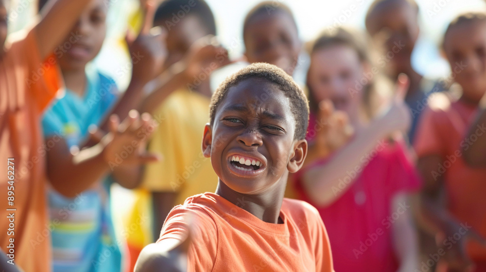 Crying African-American schoolboy boy stands in the center of the crowd ...