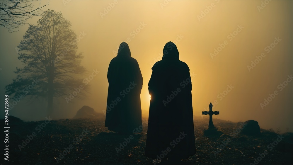 Generative AI, Hooded figures standing near a cross in a misty ...