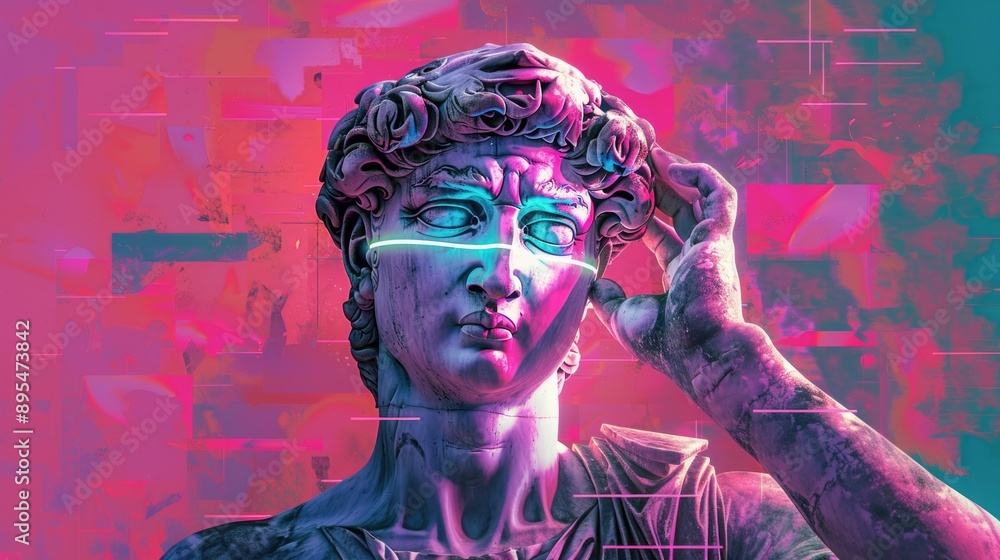 A modern, neon-infused reinterpretation of a classical statue ...