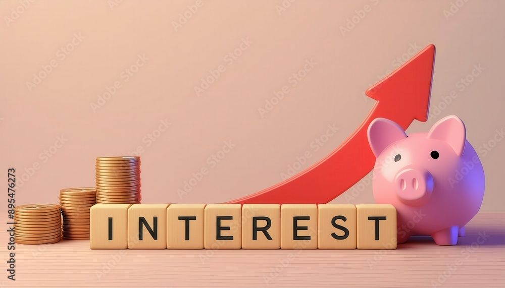 Visual representation of growth in interest rates, featuring a piggy ...
