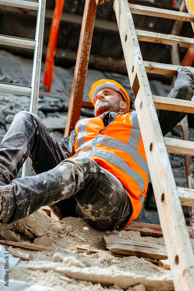Accident and injury on construction site. Safety first concept. Worker ...
