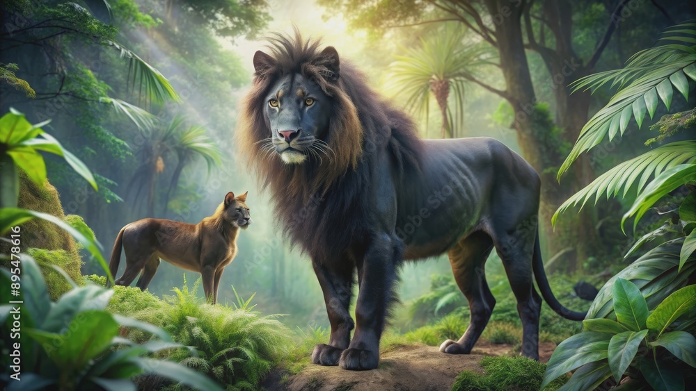 A majestic black cat resembling a mix between a lion and a horse, set ...