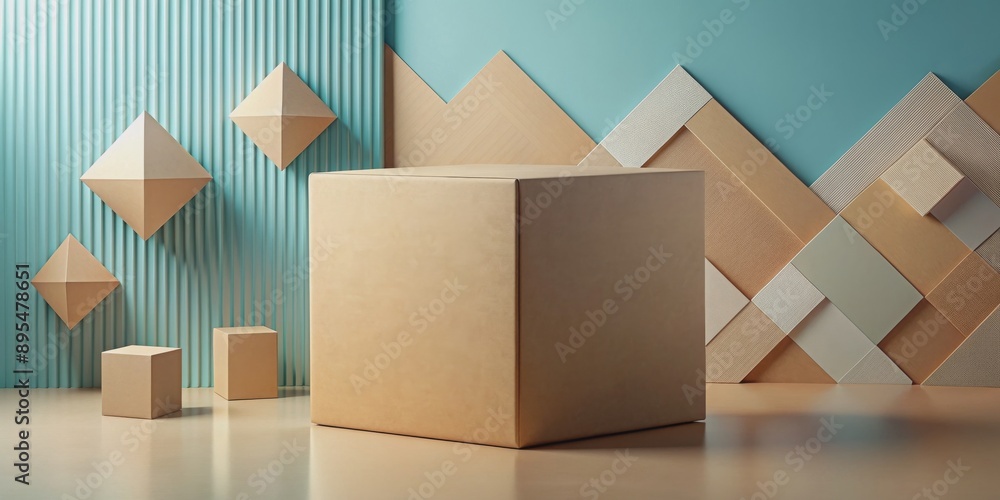 Contemporary packaging promotion with cardboard box and geometric ...