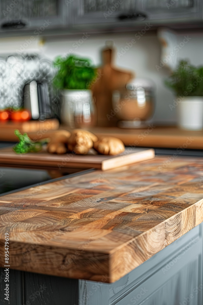 End grain wood counter top with cutting board on blur kitchen ...