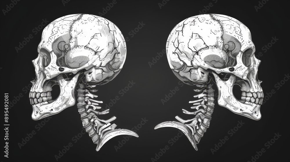This illustration depicts two human skulls in profile view, showcasing ...