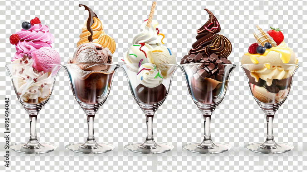 Different flavored ice cream sundaes with various toppings in glass ...