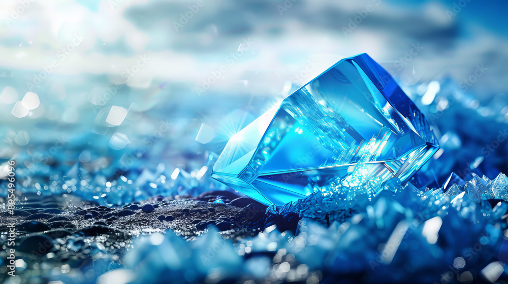 Bright blue glass with a sharp edge and shiny surface, set against a ...