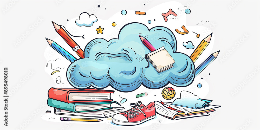 Schule Wolke mit unterschiedlichen Utensilien. Einschulung oder lernen ...