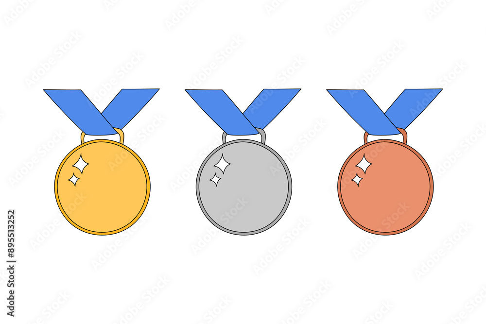 Medals with ribbon vector illustration. Doodle prizes set of golden ...