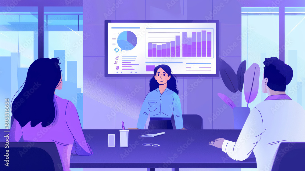 Employees gather at a conference table for a workplace presentation. A ...