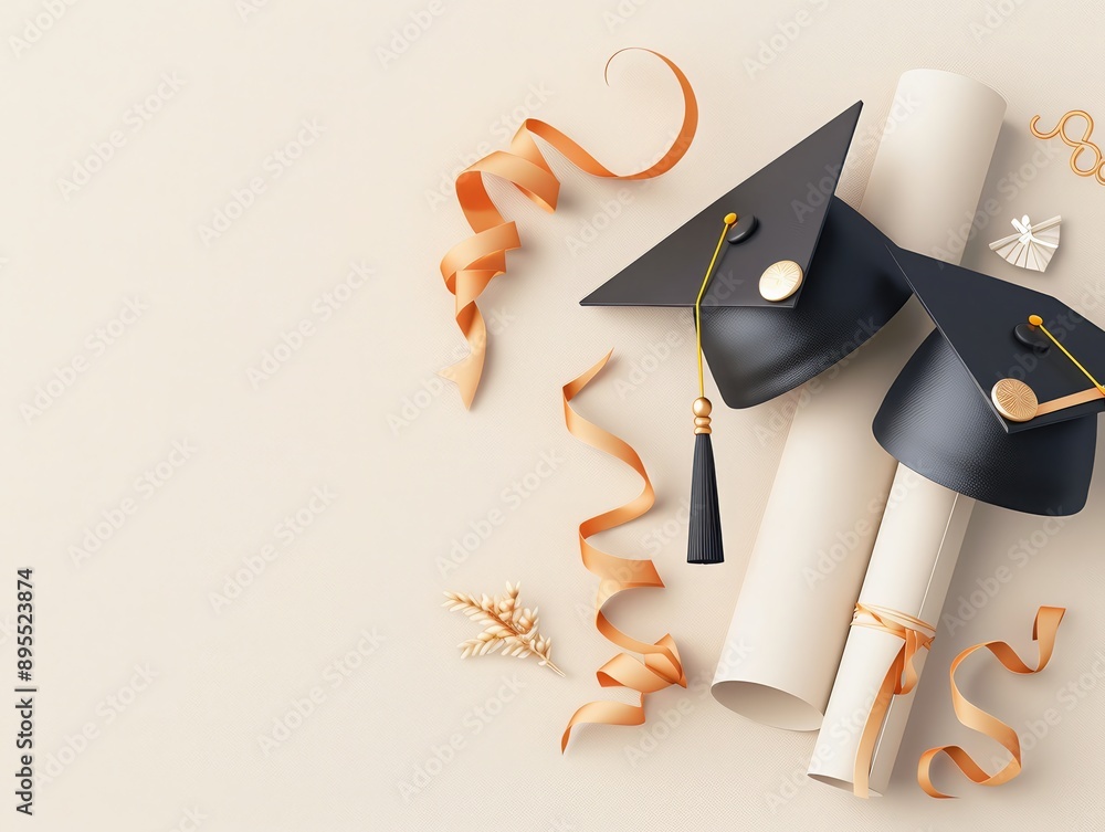Elegant graduation scene with caps, diplomas, and ribbons in neutral ...