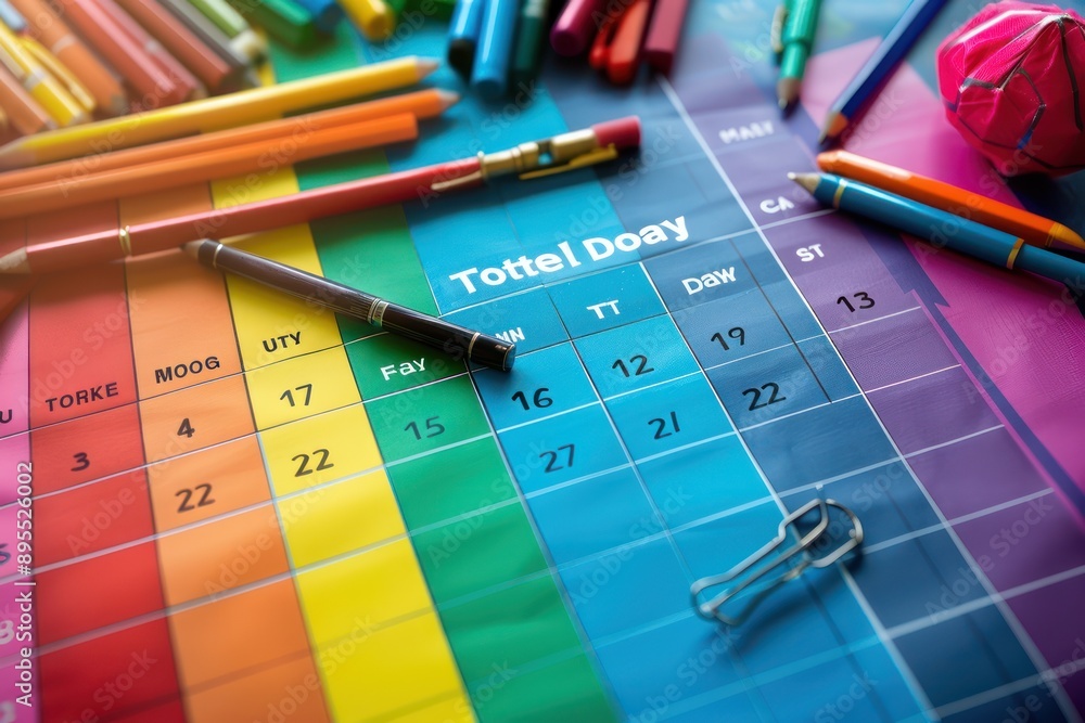 A colorful calendar marked with important dates and events with Teacher ...