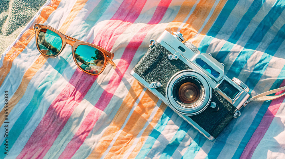 Camera on a vibrant background, funny colors, minimal design, space ...