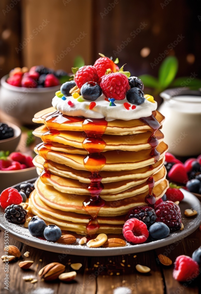 deliciously creative pancake stack featuring unique toppings like fresh ...