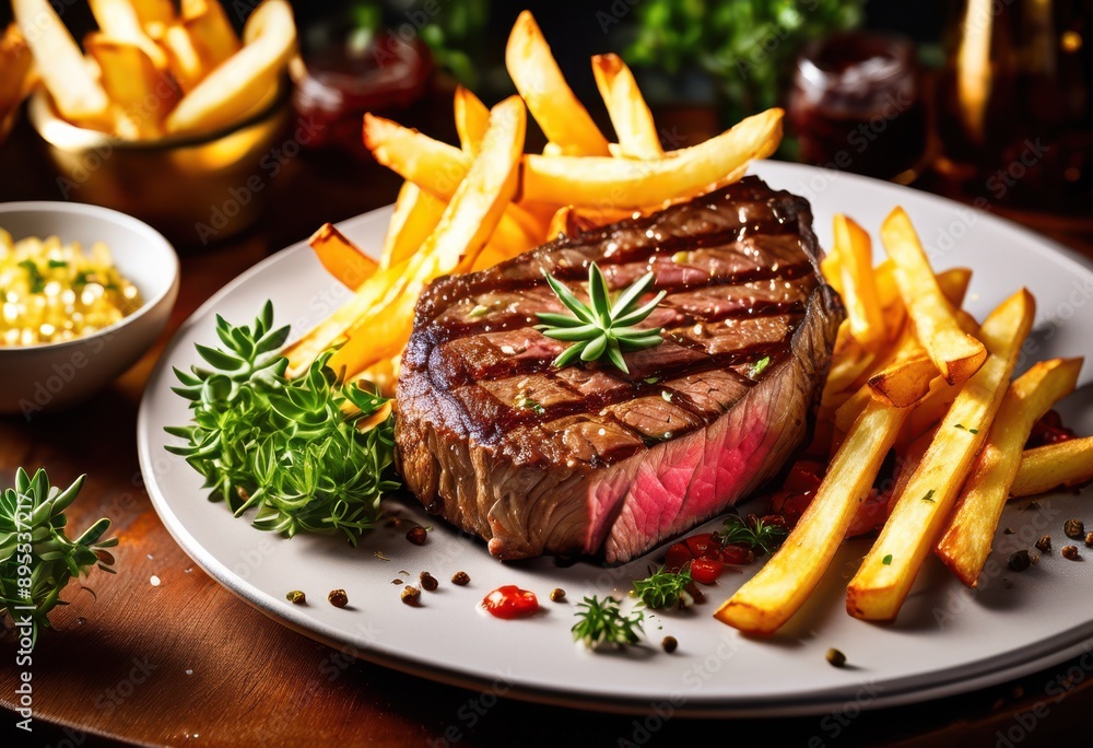 delicious juicy steak frites served crispy fries garnished fresh herbs ...