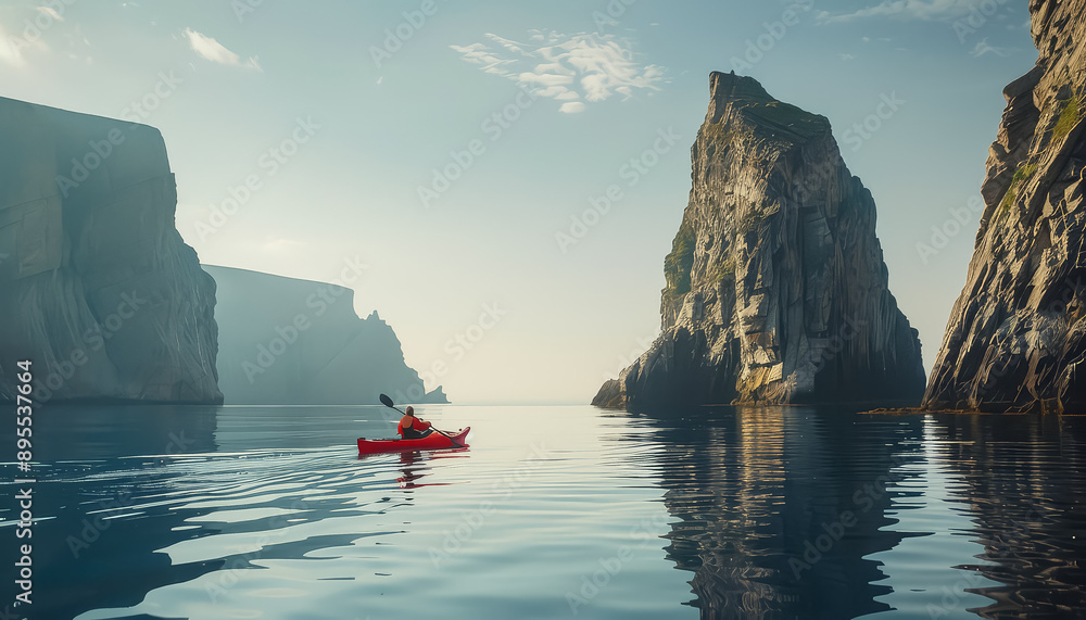 A man in a red kayak is paddling through a body of water between two ...
