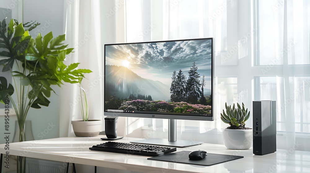 Modern minimalist desktop setup with an ultra thin monitor, wireless ...