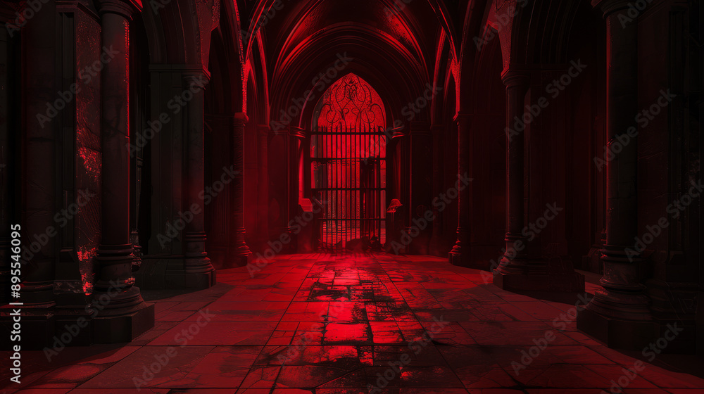 The dark room had pointed arches and pillars. It was lit by a dim red ...