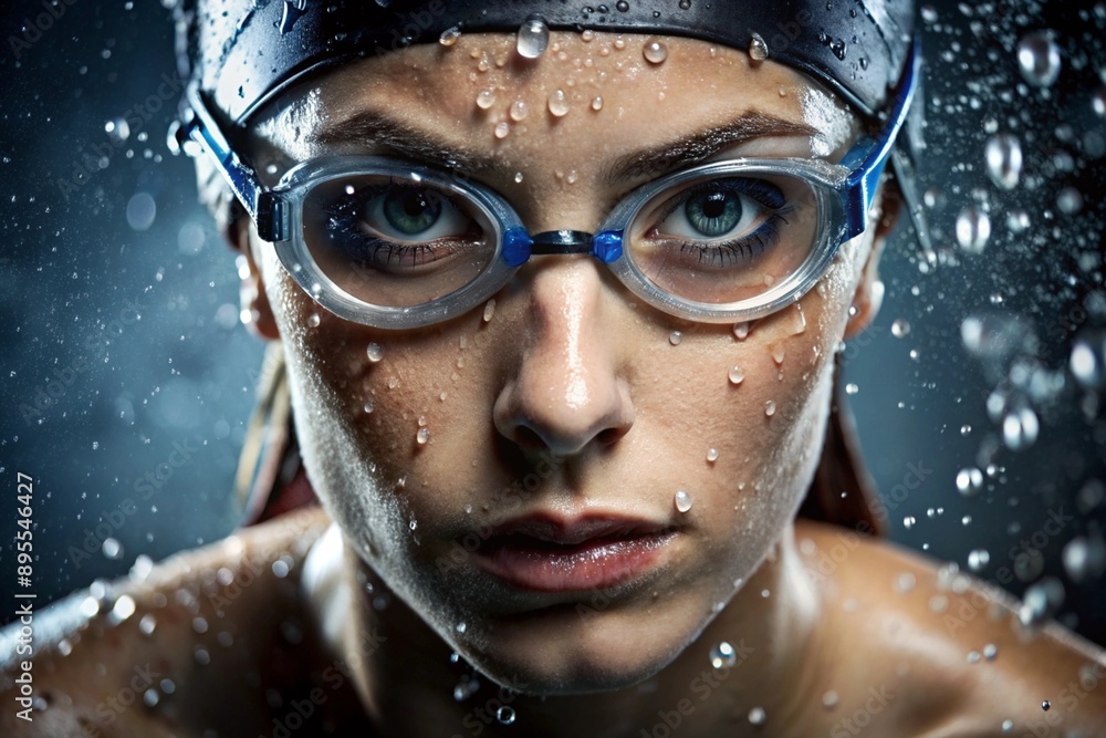 Sports swimming. Women's swim. An athlete wearing swimming glasses in a ...