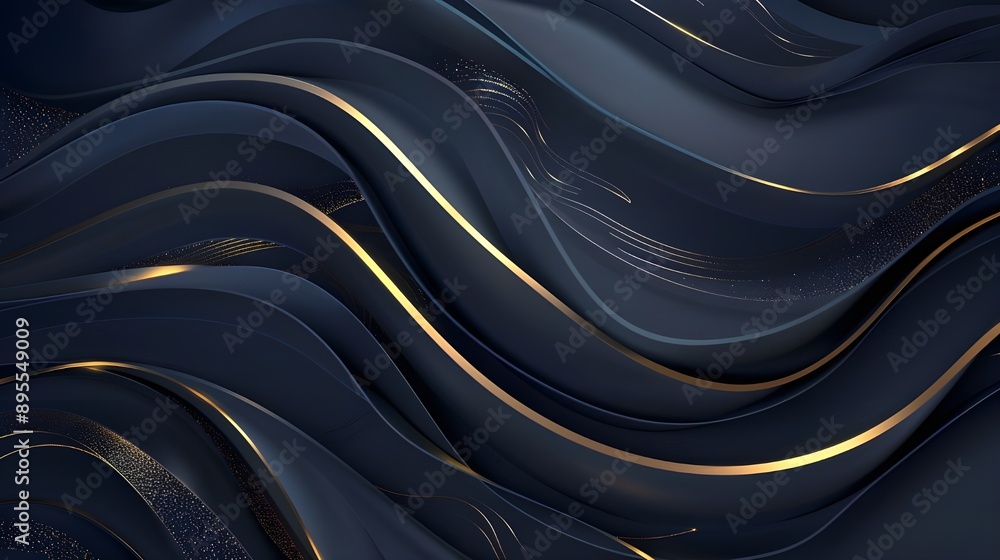 Contemporary abstract dark blue curve shape with golden lines on a dark ...