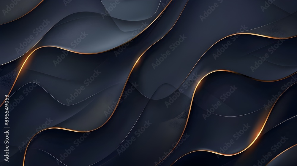Contemporary abstract dark blue curve shape with golden lines on a dark ...