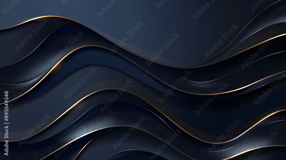 Contemporary abstract dark blue curve shape with golden lines on a dark ...