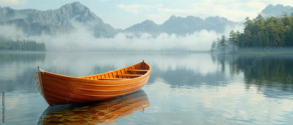 A 3D illustration of a classic wooden boat gently bobbing on a serene ...