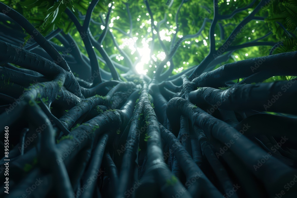 A banyan tree with sprawling, illuminated roots creates a magical ...