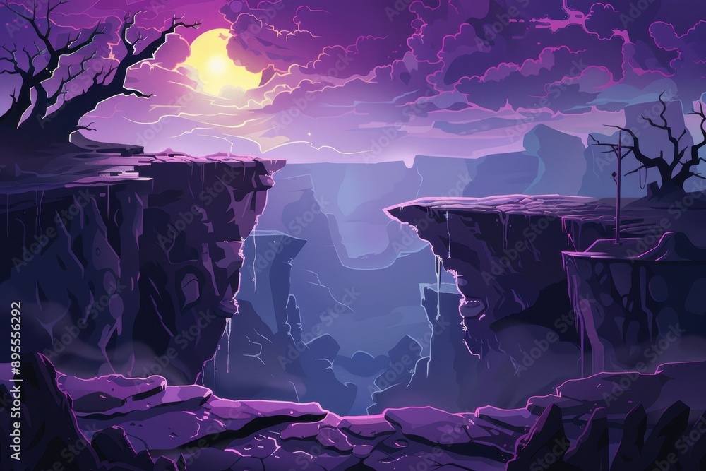 Mystical moonlit cliff edge landscape with purple fog and clouds Stock ...