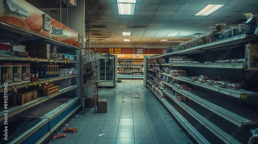 postapocalyptic scene of an abandoned supermarket aisle shelves empty ...