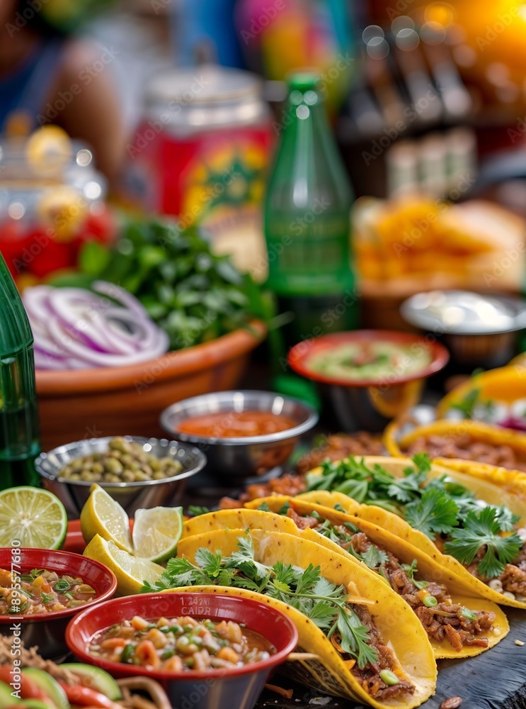 comida callejera tradicional mexicana. La escena incluye tacos recién ...