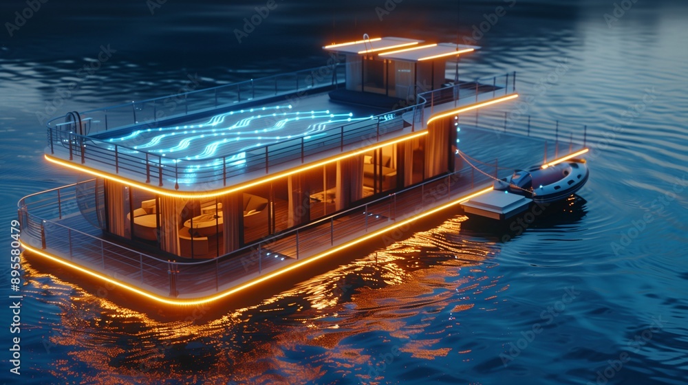 glowing houseboat with LED strips along the edges holographic waves ...
