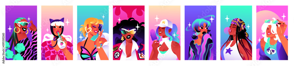 Set of stylish girls' avatars. Fashion young women portraits with ...