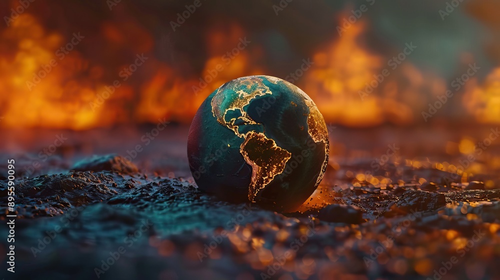 The photo shows a planet on fire. The planet is cracked and the flames ...
