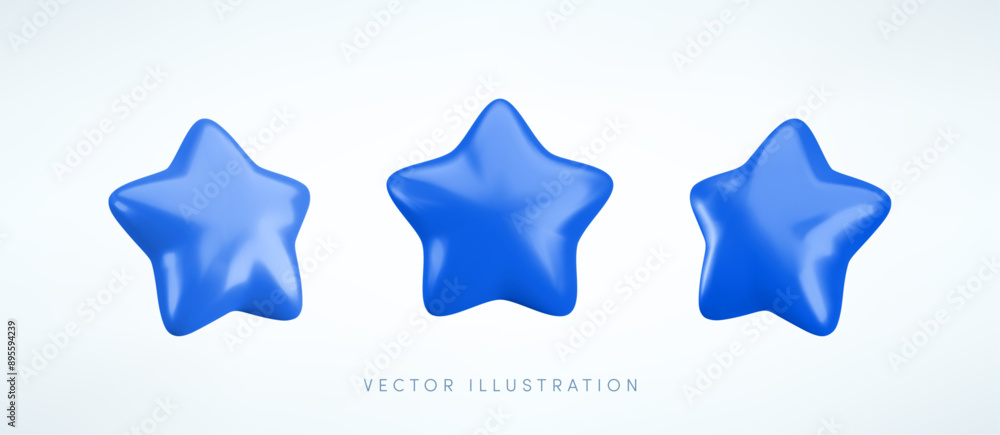 Vector 3d blue star icons set. Cute realistic cartoon 3d render, glossy ...