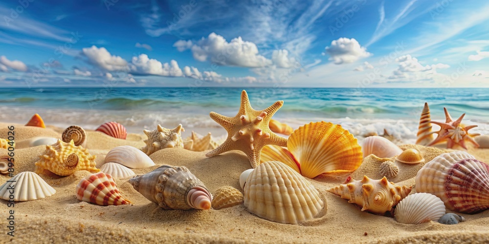 8K photorealistic image of seashells on a sandy beach , seashells ...
