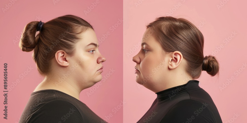 Before and after weight loss photos of an obese woman's face, with her ...