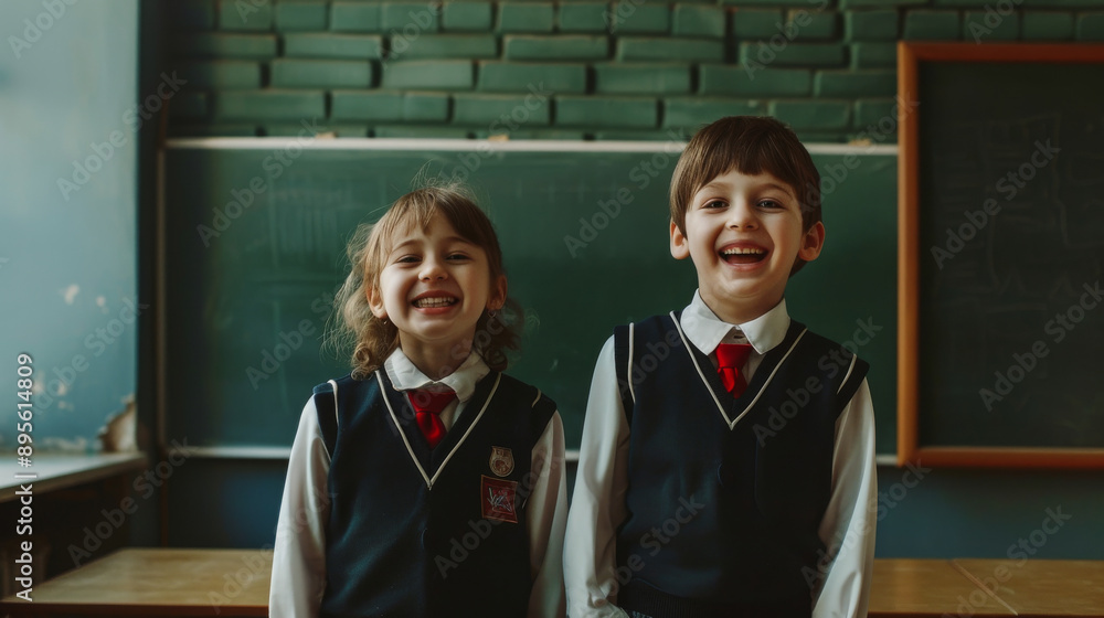 Two smiling school children in uniforms stand proudly in an empty ...