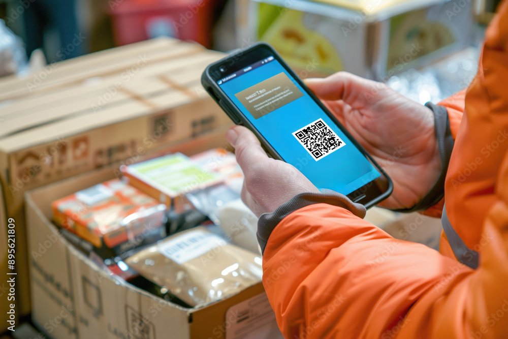 Person scanning QR code on smartphone with stacked packages and ...