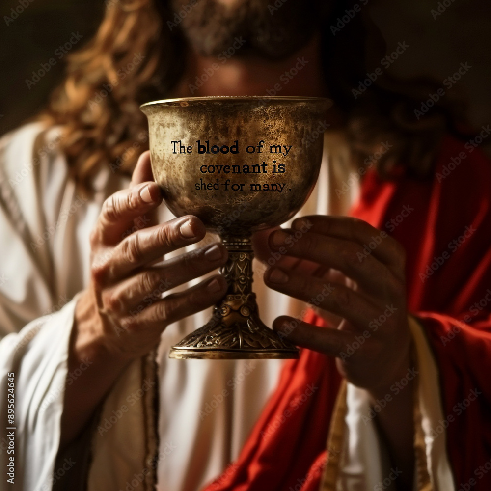 Jesus Christ with the Eucharistic cup. Last Supper. Christian religious ...