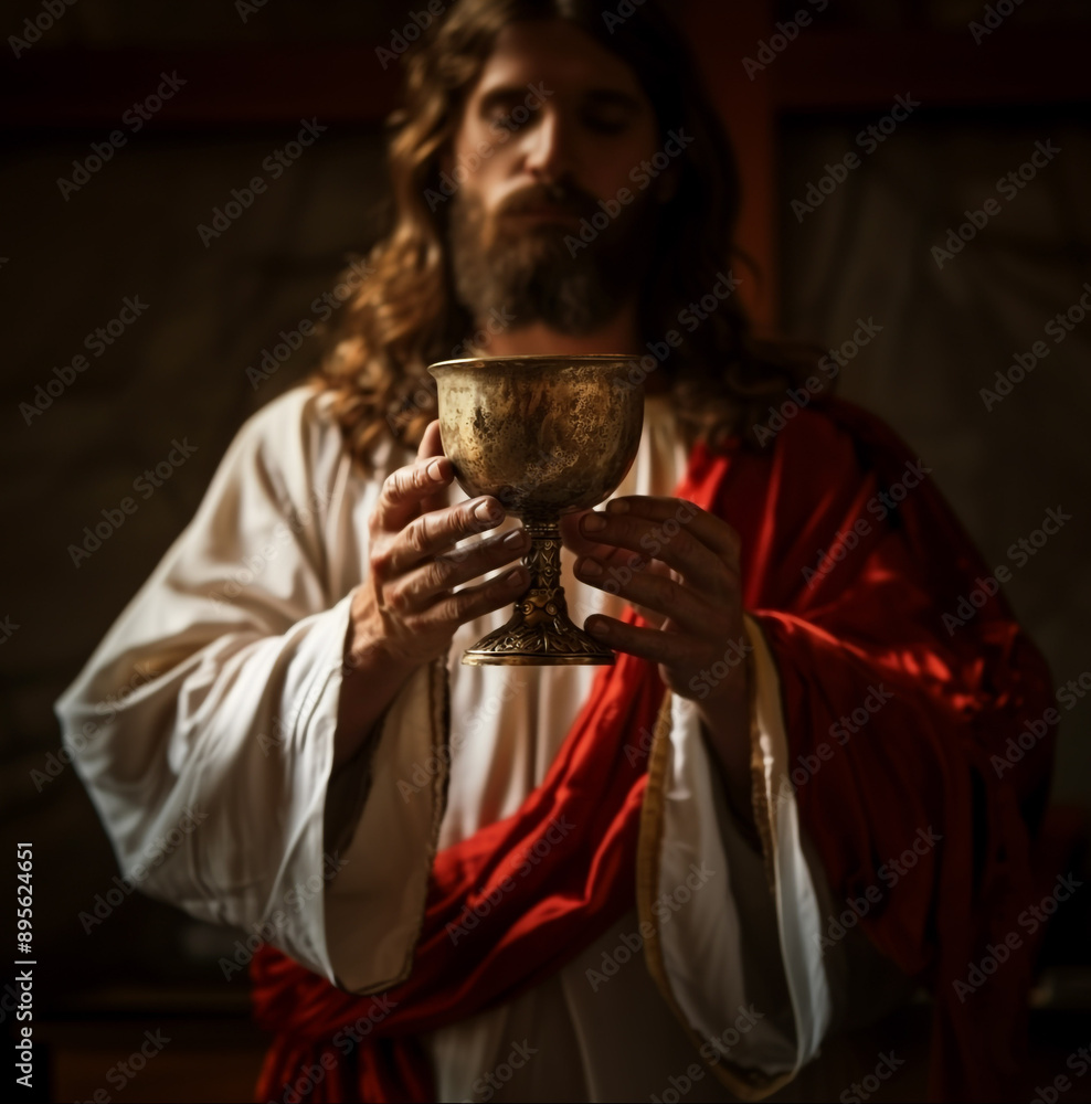 Jesus Christ with the Eucharistic cup. Last Supper. Christian religious ...