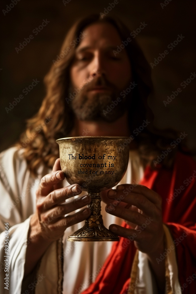 Jesus Christ with the Eucharistic cup. Last Supper. Christian religious ...
