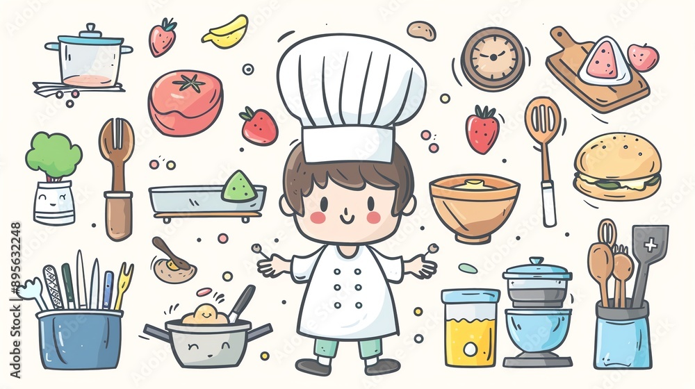 Create a vector clipart of a Cartoon chef with a variety of kitchen ...